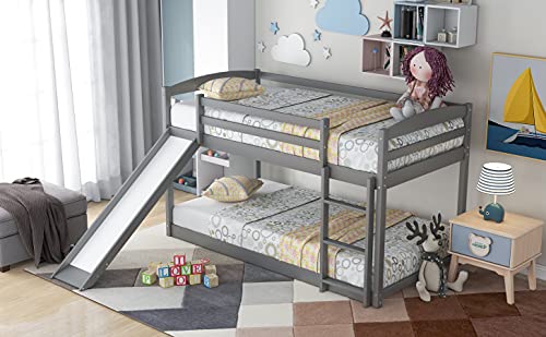 Tidyard Twin Over Twin Bunk Bed with Convertible Slide and Ladder, Gray for Bedroom Dorm Guest Room Home Furniture