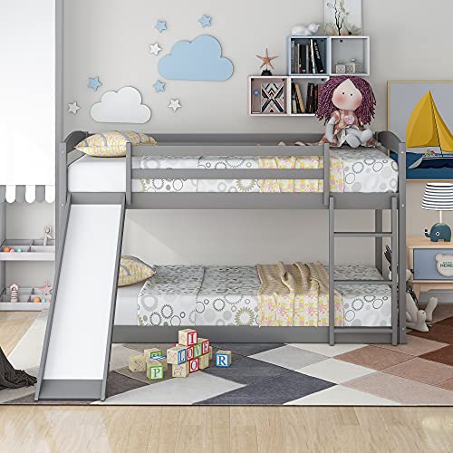 Tidyard Twin Over Twin Bunk Bed with Convertible Slide and Ladder, Gray for Bedroom Dorm Guest Room Home Furniture