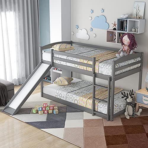 Tidyard Twin Over Twin Bunk Bed with Convertible Slide and Ladder, Gray for Bedroom Dorm Guest Room Home Furniture