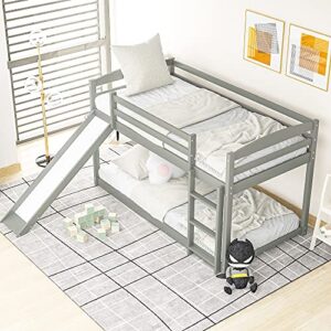 Tidyard Twin Over Twin Bunk Bed with Convertible Slide and Ladder, Gray for Bedroom Dorm Guest Room Home Furniture