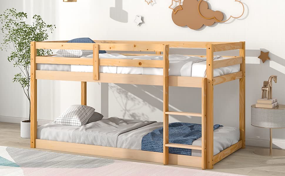 Tidyard Twin Over Twin Floor Bunk Bed,Natural for Bedroom Dorm Guest Room Home Furniture