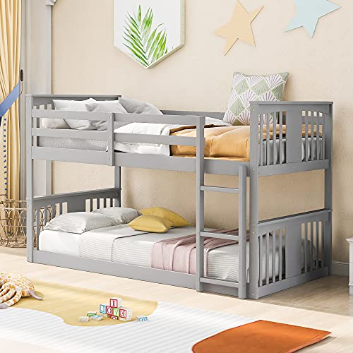 Tidyard Twin Over Twin Bunk Bed with Ladder, Gray for Bedroom Dorm Guest Room Home Furniture