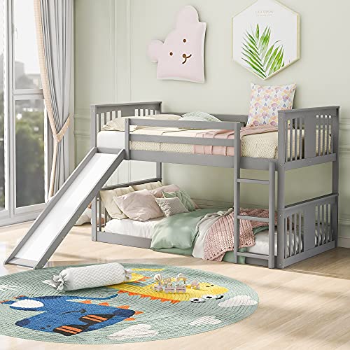 Tidyard Twin Over Twin Bunk Bed with Slide and Ladder, Wood Bed Frame Gray for Bedroom Dorm Guest Room Home Furniture