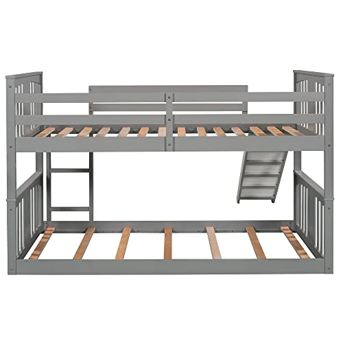 Tidyard Twin Over Twin Bunk Bed with Slide and Ladder, Wood Bed Frame Gray for Bedroom Dorm Guest Room Home Furniture