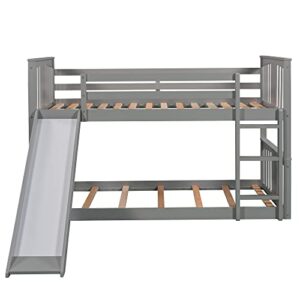 Tidyard Twin Over Twin Bunk Bed with Slide and Ladder, Wood Bed Frame Gray for Bedroom Dorm Guest Room Home Furniture