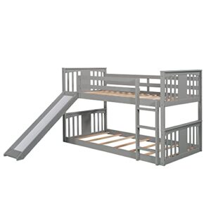 Tidyard Twin Over Twin Bunk Bed with Slide and Ladder, Wood Bed Frame Gray for Bedroom Dorm Guest Room Home Furniture