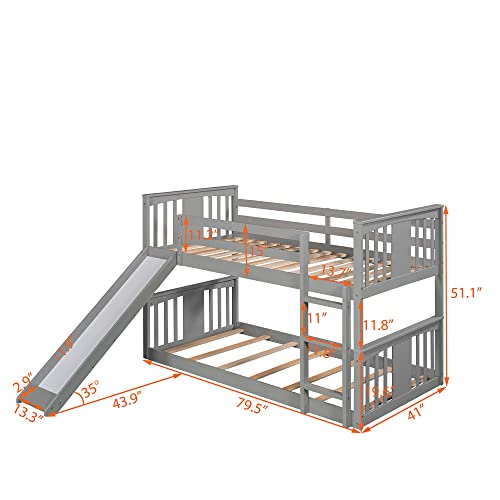 Tidyard Twin Over Twin Bunk Bed with Slide and Ladder, Wood Bed Frame Gray for Bedroom Dorm Guest Room Home Furniture