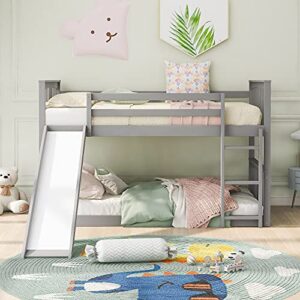 Tidyard Twin Over Twin Bunk Bed with Slide and Ladder, Wood Bed Frame Gray for Bedroom Dorm Guest Room Home Furniture