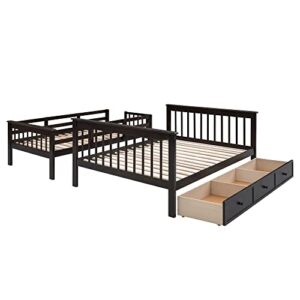 TARTOP Twin Over Full Bunk Bed with Drawer, Wood Bedfram w/Storage Stairway and Guard Rail for Bedroom, Dorm, Adults, No Box Spring Needed,Espresso