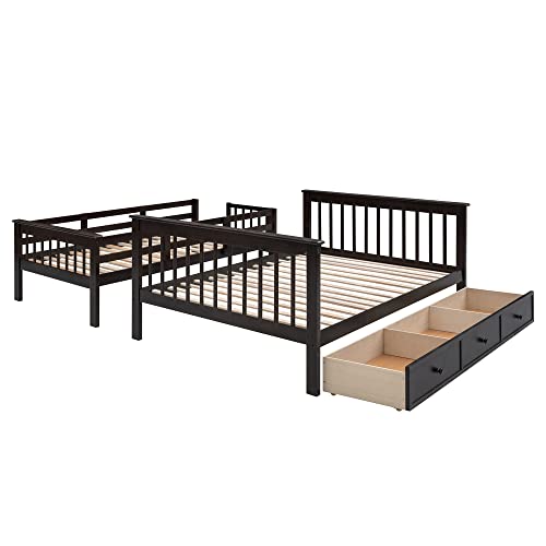 TARTOP Twin Over Full Bunk Bed with Drawer, Wood Bedfram w/Storage Stairway and Guard Rail for Bedroom, Dorm, Adults, No Box Spring Needed,Espresso