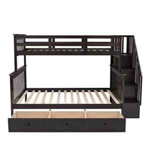 TARTOP Twin Over Full Bunk Bed with Drawer, Wood Bedfram w/Storage Stairway and Guard Rail for Bedroom, Dorm, Adults, No Box Spring Needed,Espresso