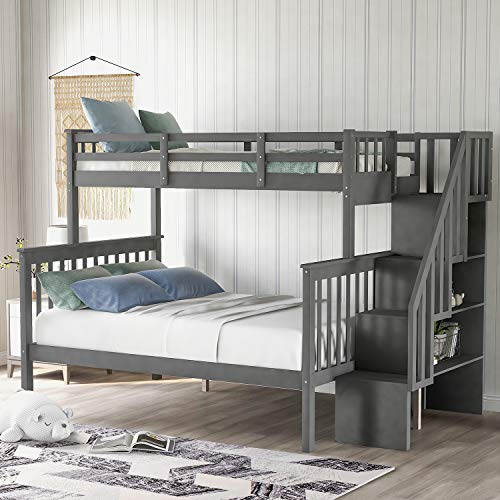 TARTOP Stairway Twin Over Full Bunk Bed with Storage Staircase and Full-Length Guardrails, Solid Wood Bunkbeds BedFrame for Kids Teens Adults Bedroom,Gray