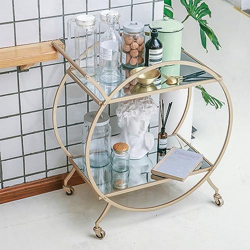 VLOBAOM 2-Tier Round Bar Serving Cart with Mirror Glass Shelves, Golden Dining Car Trolley, Standing Shelf Units, Flower Stand Display Rack,27''Dx15''Wx29''H,Gold