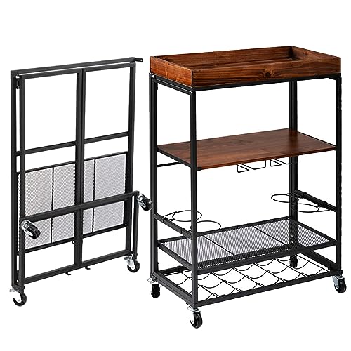 VLOBAOM Home Bar Serving Cart, Foldable Small Rolling Serving Trolley with Wheels, Standing Shelf Units, Mobile Bar Cabinets,24''Dx12''Wx35.5''H,Brown