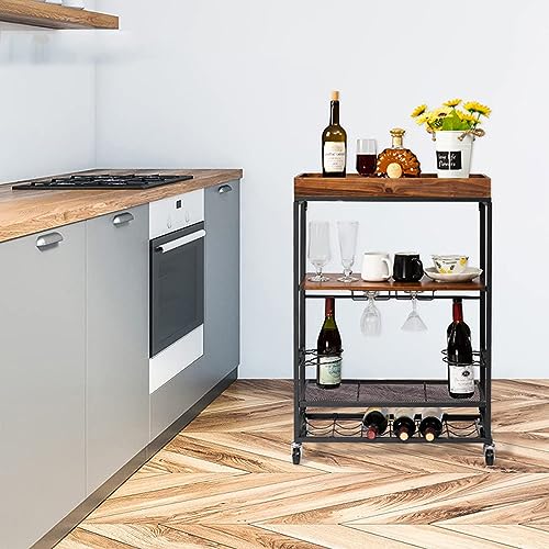 VLOBAOM Home Bar Serving Cart, Foldable Small Rolling Serving Trolley with Wheels, Standing Shelf Units, Mobile Bar Cabinets,24''Dx12''Wx35.5''H,Brown