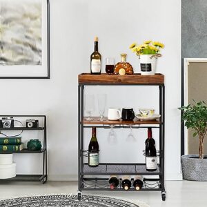 VLOBAOM Home Bar Serving Cart, Foldable Small Rolling Serving Trolley with Wheels, Standing Shelf Units, Mobile Bar Cabinets,24''Dx12''Wx35.5''H,Brown