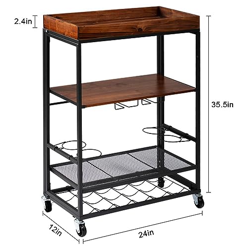 VLOBAOM Home Bar Serving Cart, Foldable Small Rolling Serving Trolley with Wheels, Standing Shelf Units, Mobile Bar Cabinets,24''Dx12''Wx35.5''H,Brown