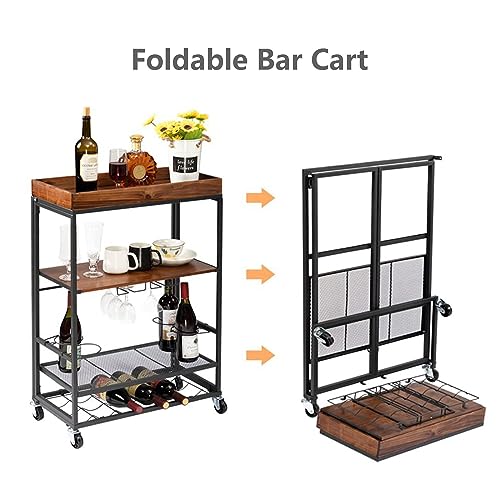 VLOBAOM Home Bar Serving Cart, Foldable Small Rolling Serving Trolley with Wheels, Standing Shelf Units, Mobile Bar Cabinets,24''Dx12''Wx35.5''H,Brown