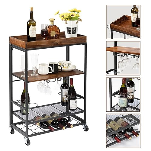 VLOBAOM Home Bar Serving Cart, Foldable Small Rolling Serving Trolley with Wheels, Standing Shelf Units, Mobile Bar Cabinets,24''Dx12''Wx35.5''H,Brown