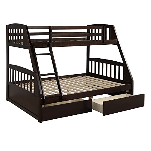 FIQHOME Twin Over Full Bunk Bed with Two Storage Drawers, Solid Wood Bunk Bed for Kids,Teens, Adults,Convertible to 2 Separated Beds, Espresso