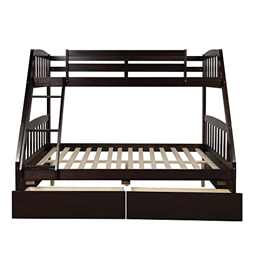 FIQHOME Twin Over Full Bunk Bed with Two Storage Drawers, Solid Wood Bunk Bed for Kids,Teens, Adults,Convertible to 2 Separated Beds, Espresso