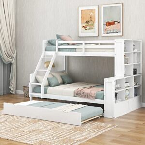 biadnbz twin over full bunk bed with trundle and shelves, can be separated into three separate platform-beds for teens/adults, space-saving design, white