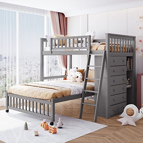 BIADNBZ Twin Over Full Bunk Bed with 6 Drawers and Flexible Shelves, Wooden L-Shaped Bunkbed for Kids Teens Adults Bedroom, Bottom Platform Bedrame with Wheels, Gray