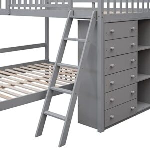 BIADNBZ Twin Over Full Bunk Bed with 6 Drawers and Flexible Shelves, Wooden L-Shaped Bunkbed for Kids Teens Adults Bedroom, Bottom Platform Bedrame with Wheels, Gray