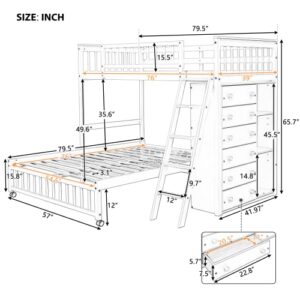 BIADNBZ Twin Over Full Bunk Bed with 6 Drawers and Flexible Shelves, Wooden L-Shaped Bunkbed for Kids Teens Adults Bedroom, Bottom Platform Bedrame with Wheels, Gray