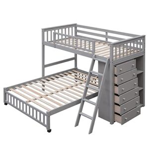 BIADNBZ Twin Over Full Bunk Bed with 6 Drawers and Flexible Shelves, Wooden L-Shaped Bunkbed for Kids Teens Adults Bedroom, Bottom Platform Bedrame with Wheels, Gray