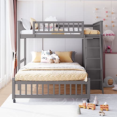 BIADNBZ Twin Over Full Bunk Bed with 6 Drawers and Flexible Shelves, Wooden L-Shaped Bunkbed for Kids Teens Adults Bedroom, Bottom Platform Bedrame with Wheels, Gray