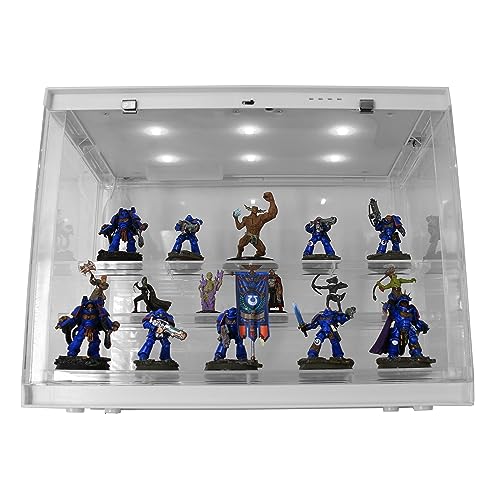 CASEMATIX LED Miniature Display Case with Three Tiered Acrylic Miniature Storage Figure Case Rows, Includes 20 Residue Free Grip Pads Compatible with Standard Miniatures and Large Warhammer 40k, DND