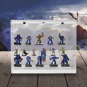 CASEMATIX LED Miniature Display Case with Three Tiered Acrylic Miniature Storage Figure Case Rows, Includes 20 Residue Free Grip Pads Compatible with Standard Miniatures and Large Warhammer 40k, DND