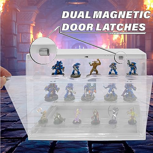 CASEMATIX LED Miniature Display Case with Three Tiered Acrylic Miniature Storage Figure Case Rows, Includes 20 Residue Free Grip Pads Compatible with Standard Miniatures and Large Warhammer 40k, DND