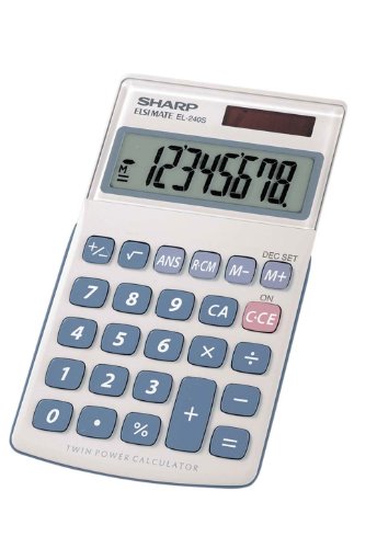 Sharp HO EL240SB 8 Digit Solar and Battery Powered Slant Display Calculator, White, 2 3/4 x 4 1/2 (EL240SAB)