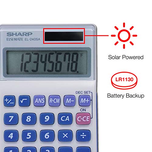 Sharp HO EL240SB 8 Digit Solar and Battery Powered Slant Display Calculator, White, 2 3/4 x 4 1/2 (EL240SAB)