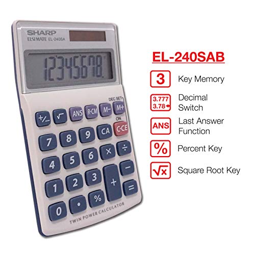 Sharp HO EL240SB 8 Digit Solar and Battery Powered Slant Display Calculator, White, 2 3/4 x 4 1/2 (EL240SAB)