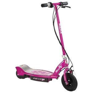 razor e100 electric scooter for kids ages 8+ - 8" pneumatic front tire, hand-operated front brake, up to 10 mph and 40 min of ride time, for riders up to 120 lbs