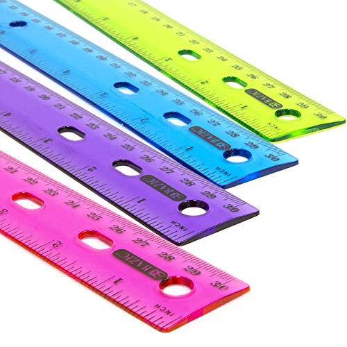 BAZIC Jeweltones Color Plastic Ruler 12" (30cm), Inches Centimeter Metric Measuring Rulers (4/Pack), 1-Pack