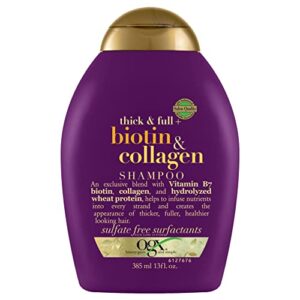 ogx thick & full + biotin & collagen volumizing shampoo for thin hair, thickening shampoo with vitamin b7 & hydrolyzed wheat protein, paraben-free, sulfate-free surfactants, 13 fl oz