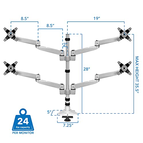 Mount-It! Quad Monitor Desk Mount | Full Motion Monitor Arms for Four Computer Displays | Premium Aluminum Mount With Quick Disconnect Technology