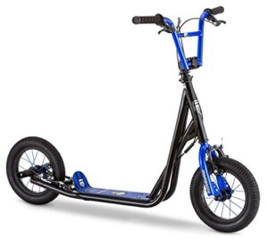 mongoose expo youth scooter, front and rear caliper brakes, rear axle pegs, 12-inch inflatable wheels, black/blue