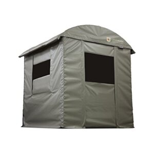 landmark 600 series lm601, permanent hunting blind, 7' height with 6’x 6’ interior, heavy duty steel frame, marine grade synthetic tarpaulin, 2-way adjustable windows, 4-sided shooting, dark green