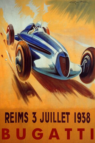 WONDERFULITEMS Reims 1938 France CAR Race Bugatti Speed Racing 12" X 16" Image Size Vintage Poster REPRO Canvas Rolled UP