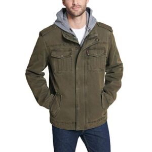 levi's men's washed cotton hooded military jacket, olive, medium