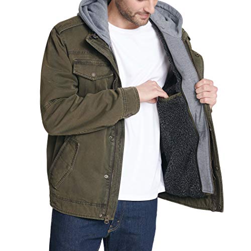 Levi's Men's Washed Cotton Hooded Military Jacket, Olive, Medium