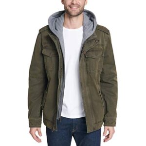 Levi's Men's Washed Cotton Hooded Military Jacket, Olive, Medium