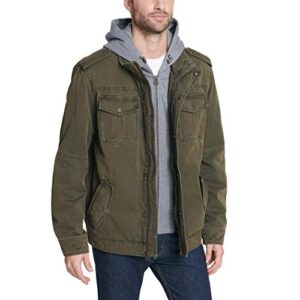 Levi's Men's Washed Cotton Hooded Military Jacket, Olive, Medium