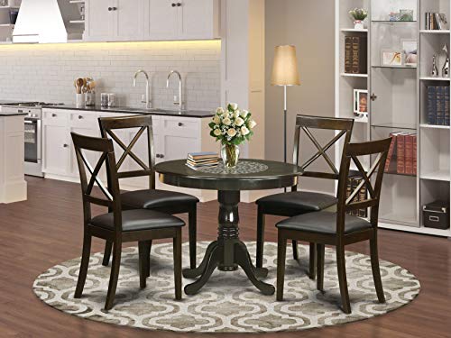 East West Furniture ANBO5-CAP-LC Antique 5 Piece Kitchen Set for 4 Includes a Round Table with Pedestal and 4 Faux Leather Dining Room Chairs, 36x36 Inch, Cappuccino