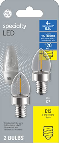 GE Lighting LED Night Light Bulb (0.5 Watt), 3 Lumen, C7 Light Bulbs with Candelabra Light Bulb Base, 2-Pack LED Small Light Bulbs, Clear, 8.6-Year Life, (13887)